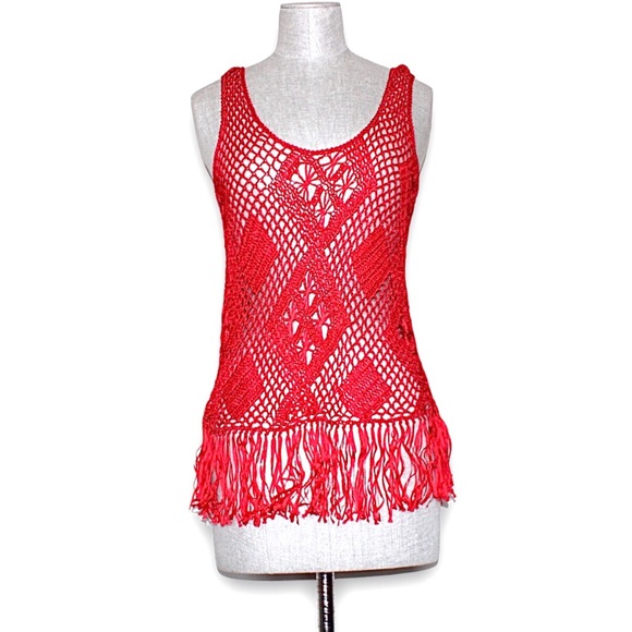 cluny | Tops | Cluny Neon Coral Floral Knit Fringe Tank Top 8 | Poshmark